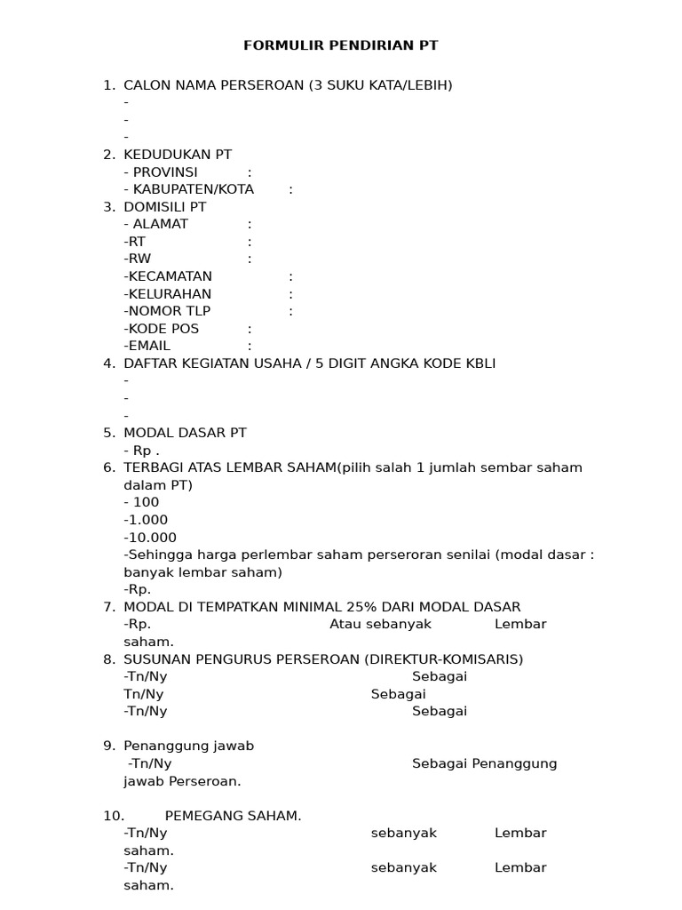 Panduan Lengkap Formulir Pendirian PT | PDF