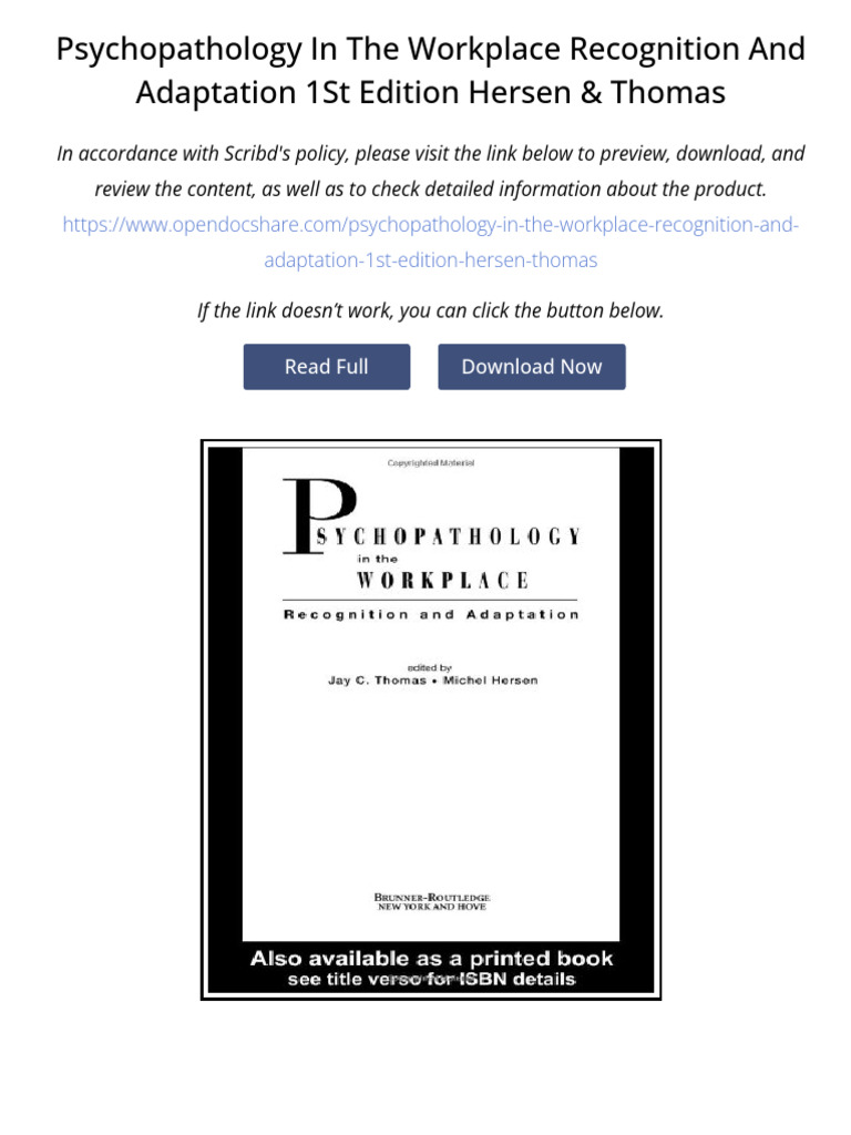 Psychopathology in the Workplace Recognition and Adaptation 1st Edition ...