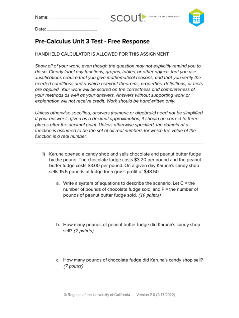 Pre-Calculus Unit 3 Test: Free Response | PDF | Function (Mathematics) | Numbers