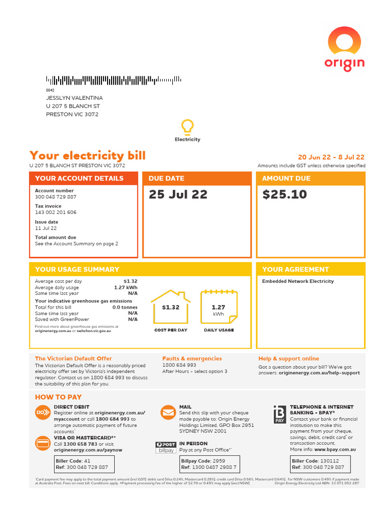Origin Electricity Invoice - 300048729887 - 11072022 - 211640 | PDF ...