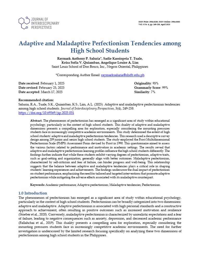 Adaptive and Maladaptive Perfectionism Tendencies Among High School ...