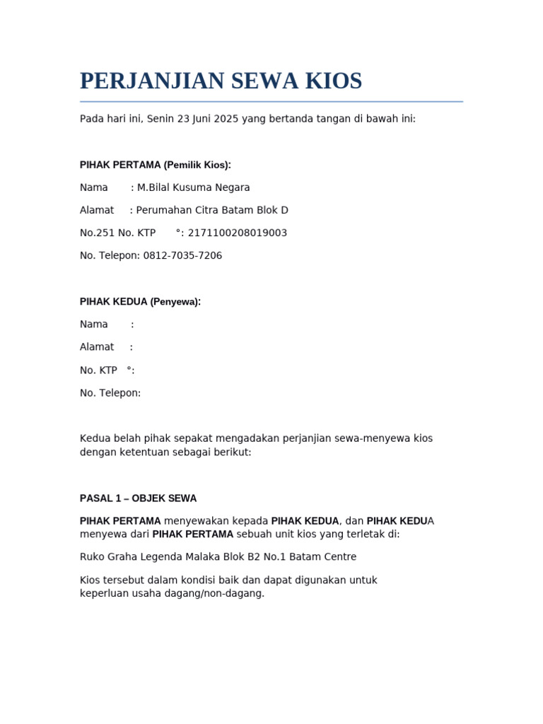 Perjanjian Sewa Kios | PDF