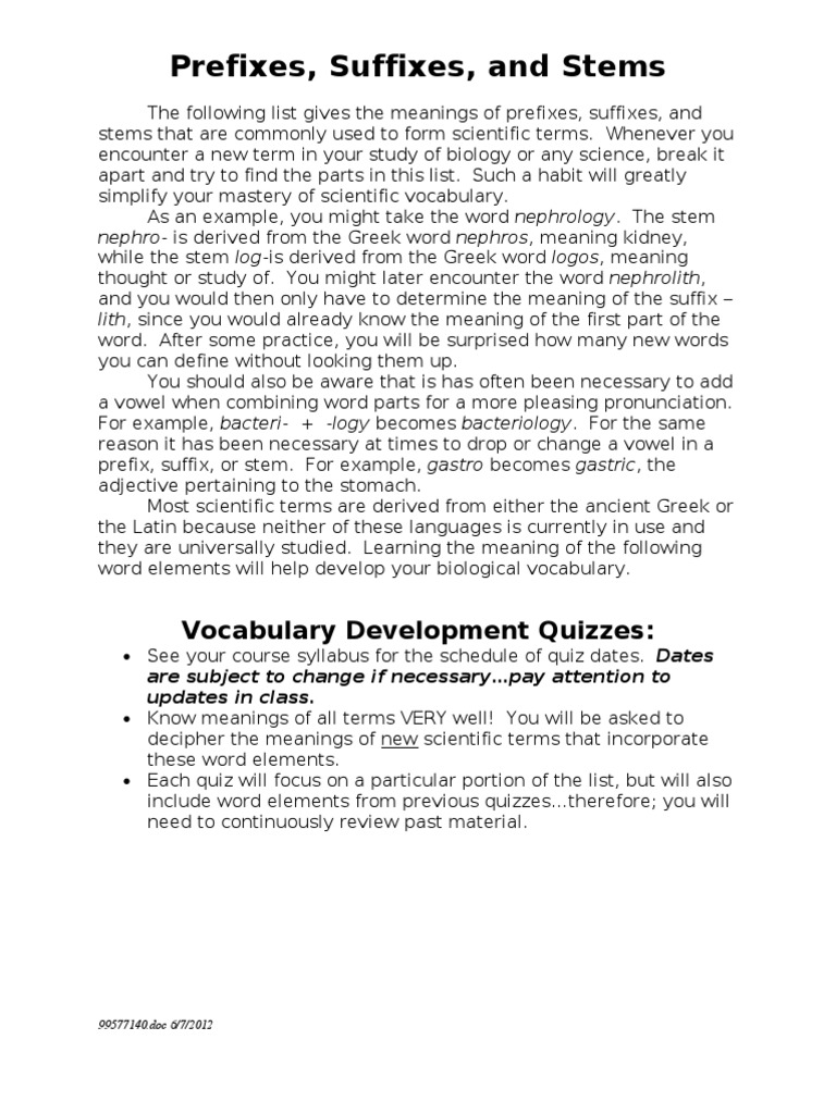 Prefixes, Suffixes, and Stems: Vocabulary Development Quizzes | PDF ...