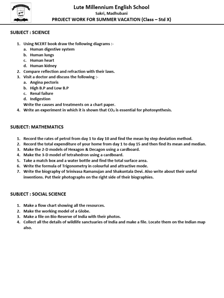 Summer Project Work 25-26 Class 10 | PDF