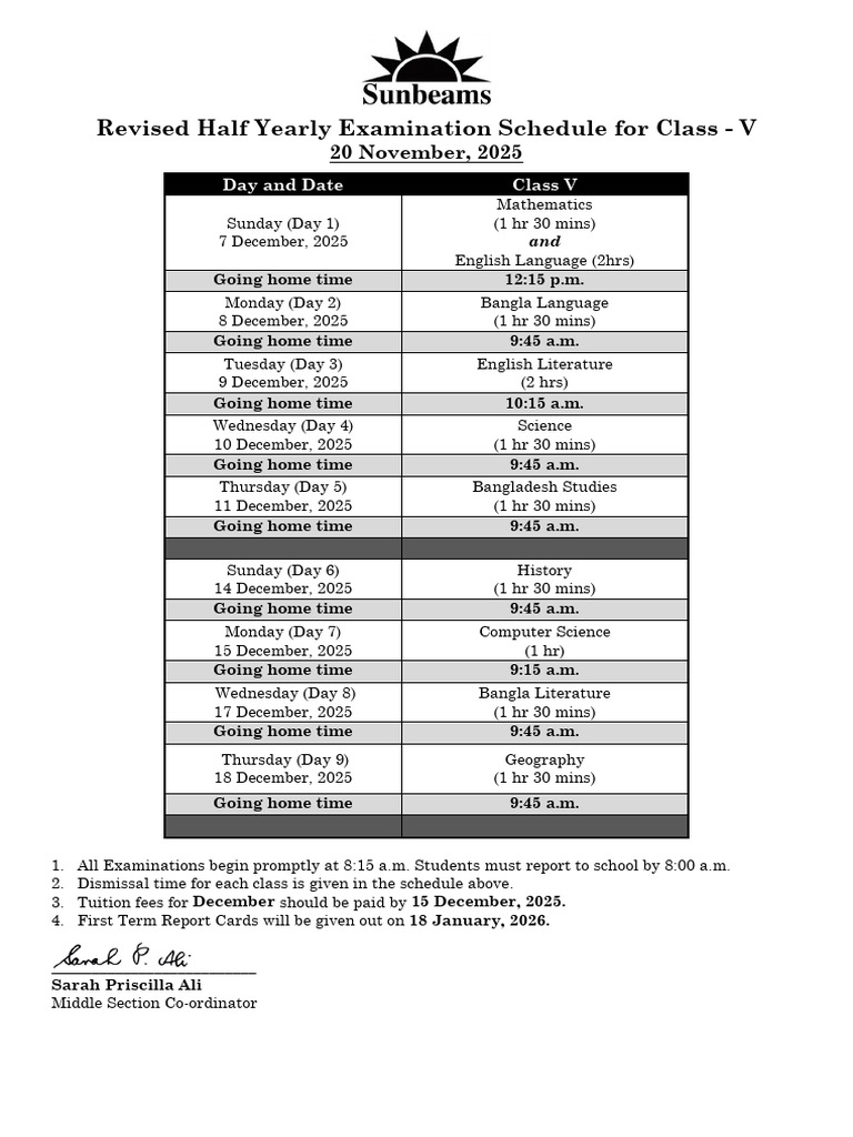 Revised Half Yearly Exam Schedule_middle Section 2025-2026 | PDF