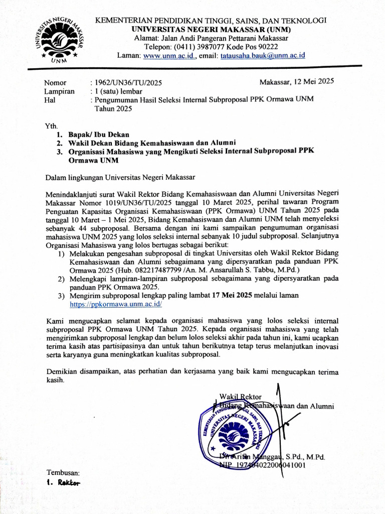 Surat Penetapan Hasil Seleski Internal Subproposal PPK Ormawa UNM | PDF