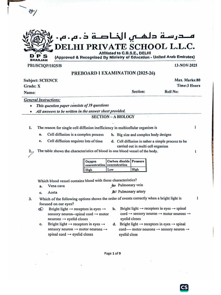 DPS SHJ Sci Pre Board Paper 2025-26 | PDF