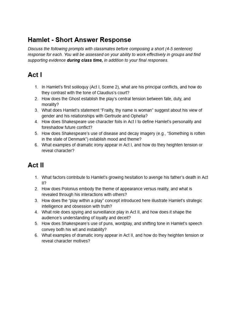 Hamlet Short Answer Discussion Prompts | PDF