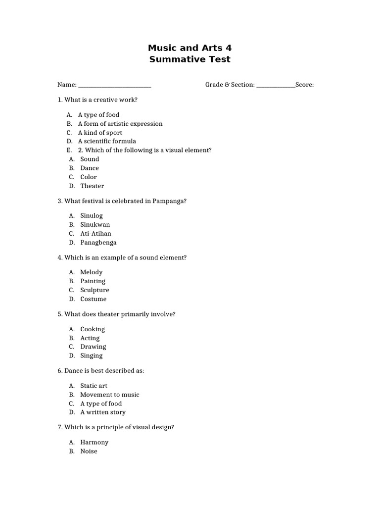 Music and Arts Summative Test Guide | PDF