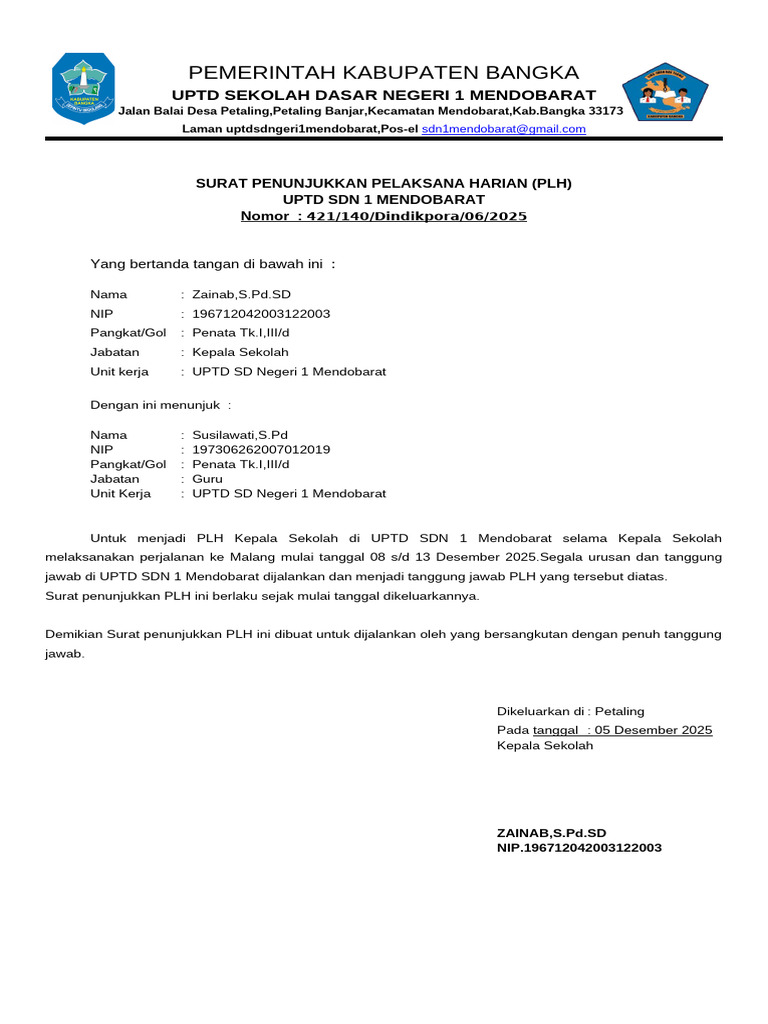 Surat Penunjukan PLH SDN 1 Mendobarat | PDF