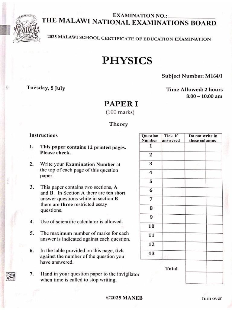 2025 Msce Physics I | PDF