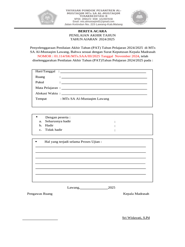 Berita Acara PAT dan PTS 2024/2025 | PDF