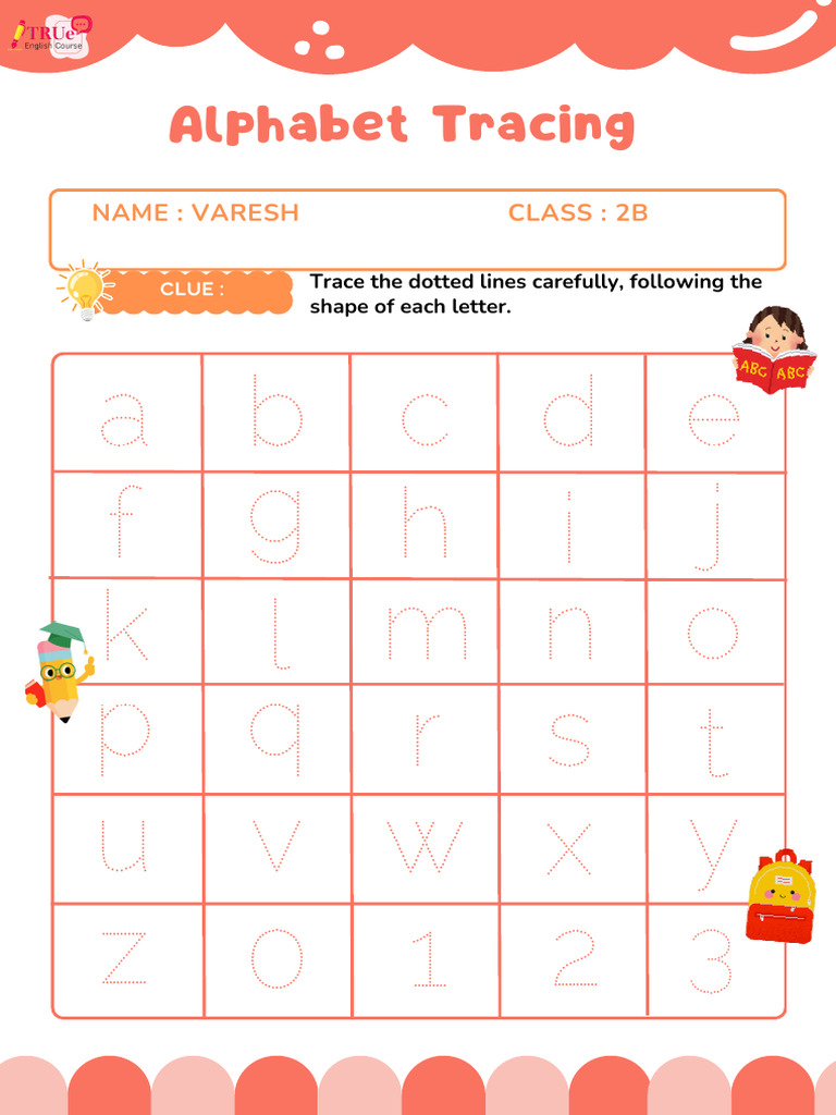 Lembar Kerja Anak Sekolah TK Menebalkan Huruf Alfabet Putih Merah ...