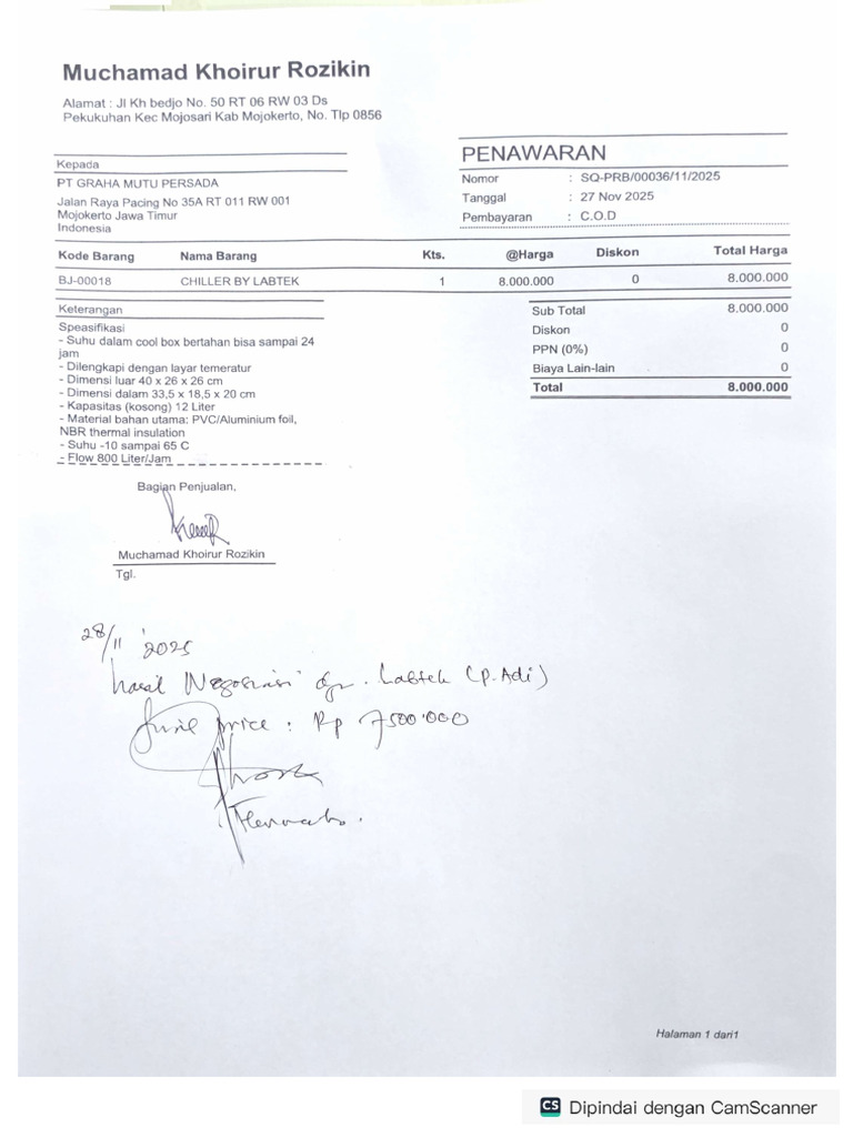 Penawaran Chiller Labtek | PDF