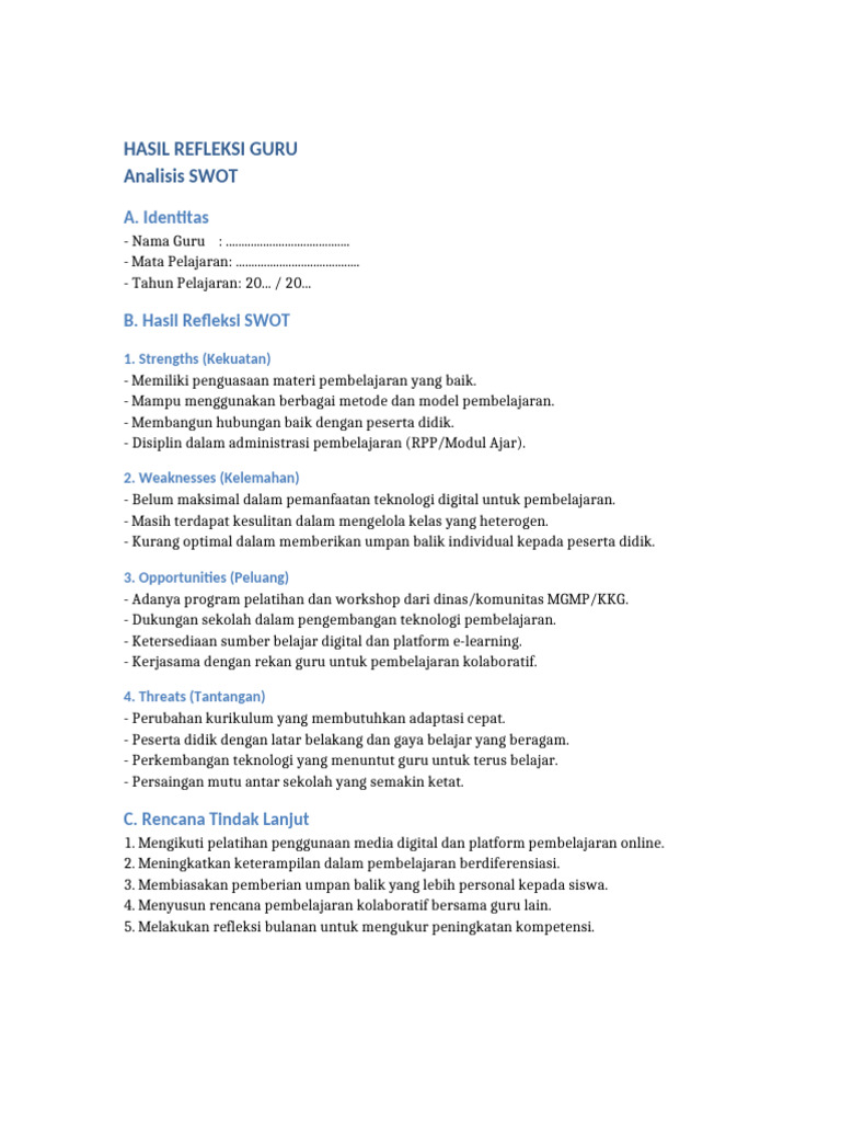 Hasil Refleksi Guru SWOT | PDF