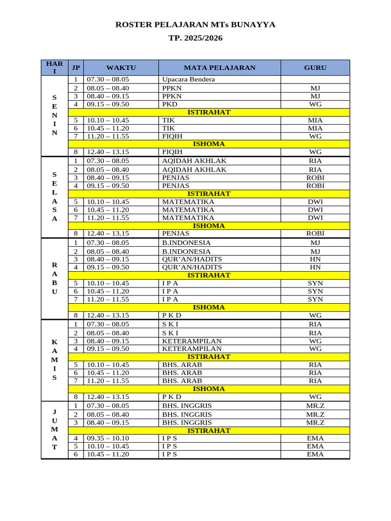 Roster Pelajaran MTs Bunayya 2025/2026 | PDF