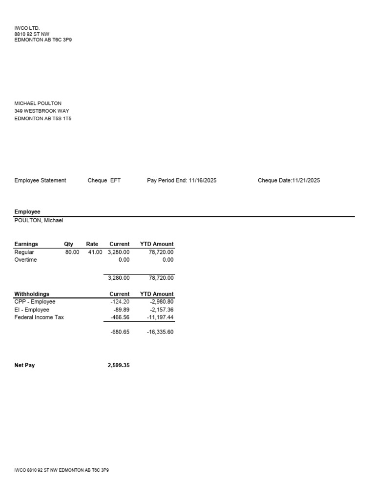 Michael Poulton Employee Pay Statement | PDF