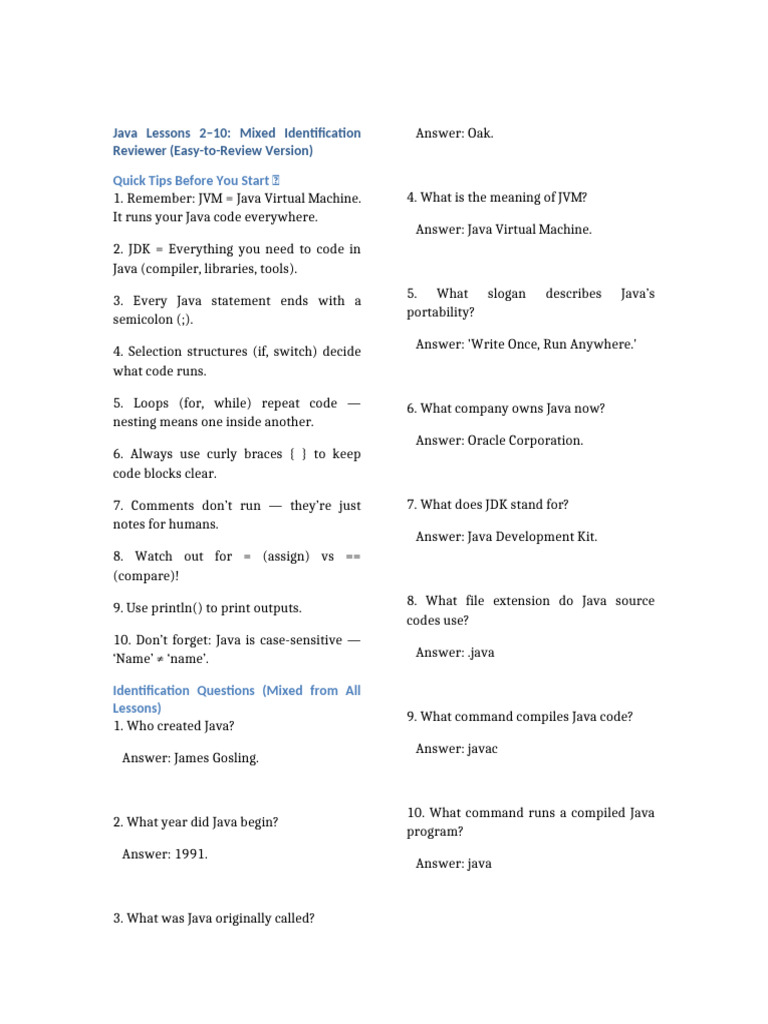 Java Lessons 2 To 10 Mixed Identification Reviewer | PDF | Java ...