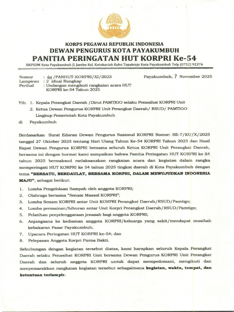 Undangan HUT KORPRI 54 Payakumbuh | PDF