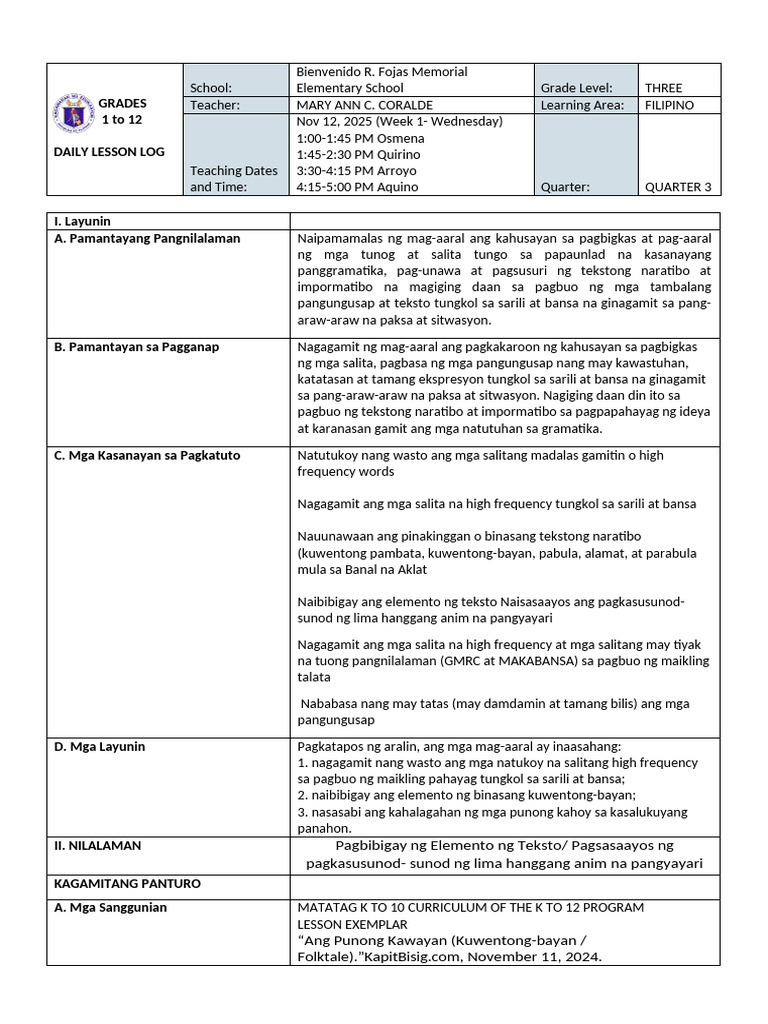 Filipino DLL Q3 W1 D1 | PDF