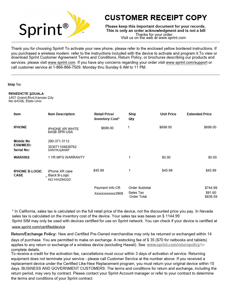 Sprint Order Receipt and Return Policy | PDF | Sprint Corporation | Receipt