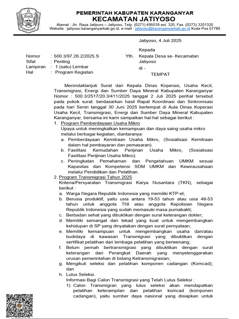 Surat Program Kegiatan DINKOP | PDF