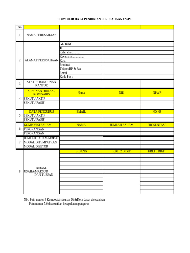 Form Pendirian Cv | PDF
