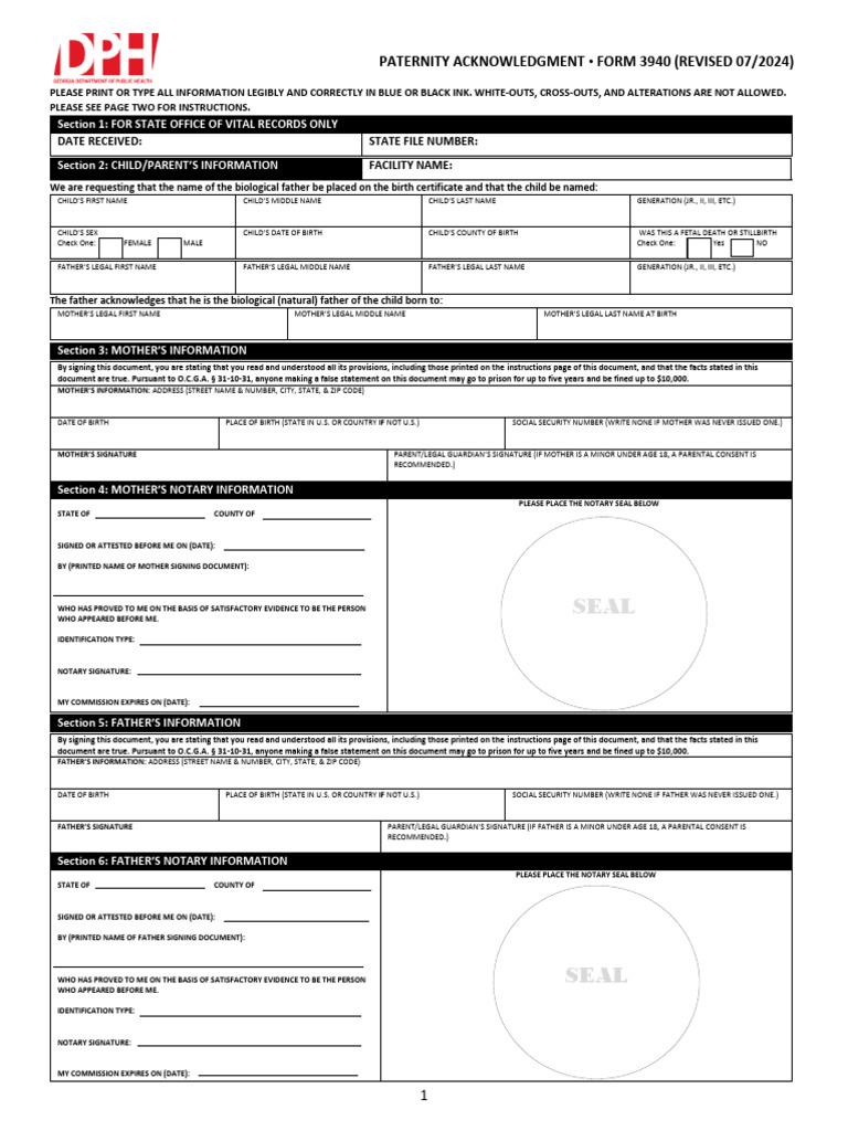State of Georgia Paternity Acknowledgment (Form 3940) 7.29.24 | PDF ...