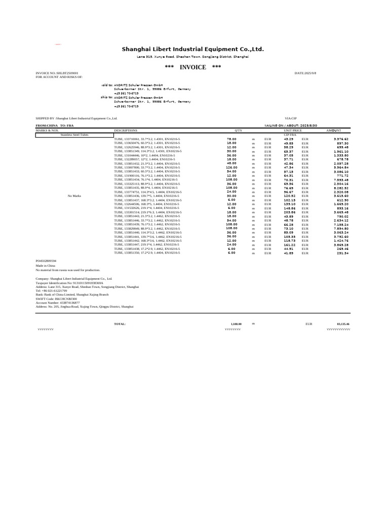 Invoice-SHLBT2509001 - PO4502809594 | PDF | Banking