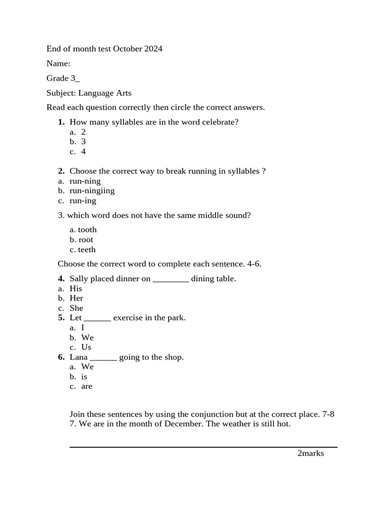 Grade 3 Language Arts Test October 2024 | PDF