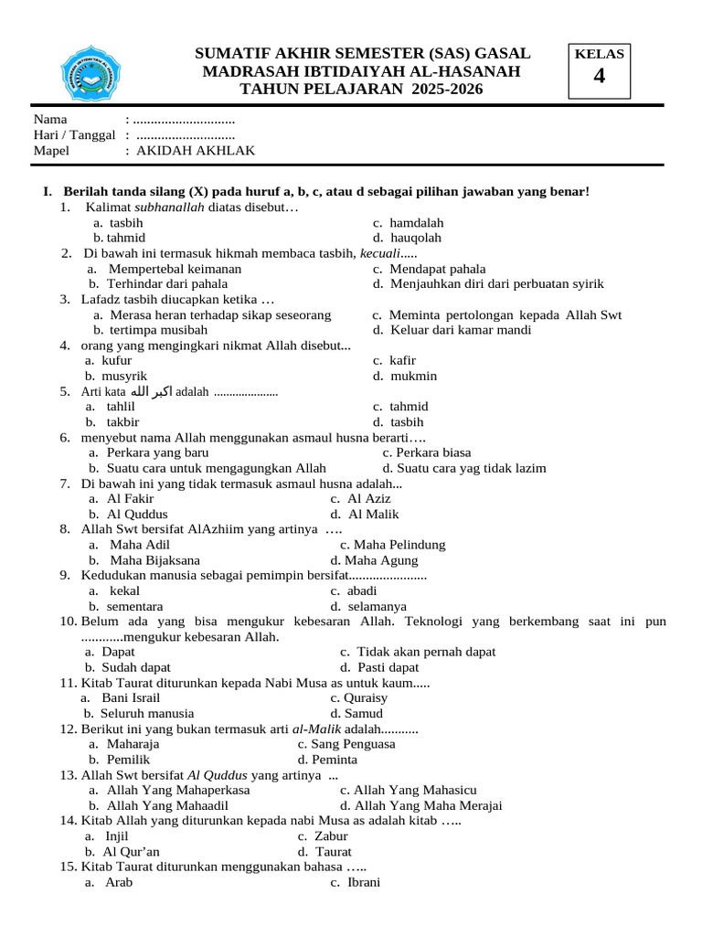 Soal Sas Akidah Akhlak Sem 1 Kls 4 2025 | PDF