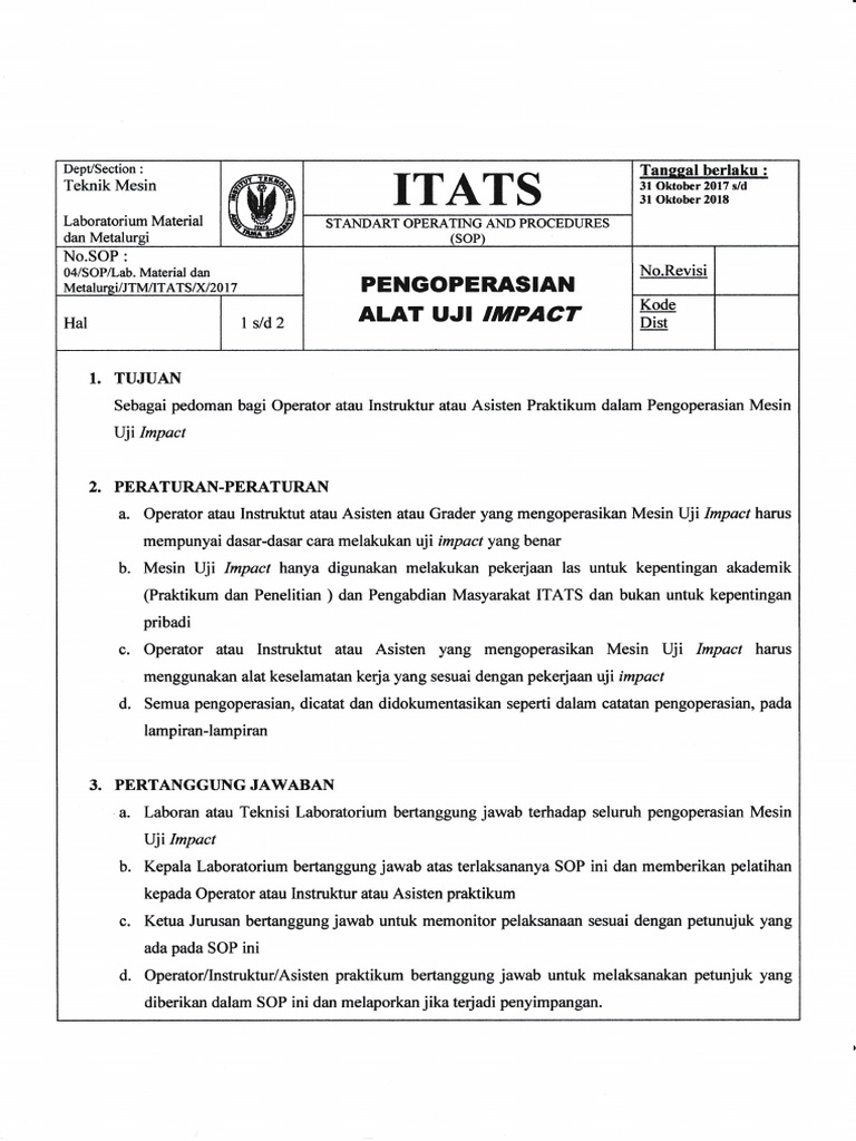 SOP Pengoperasian Mesin Uji Impact | PDF