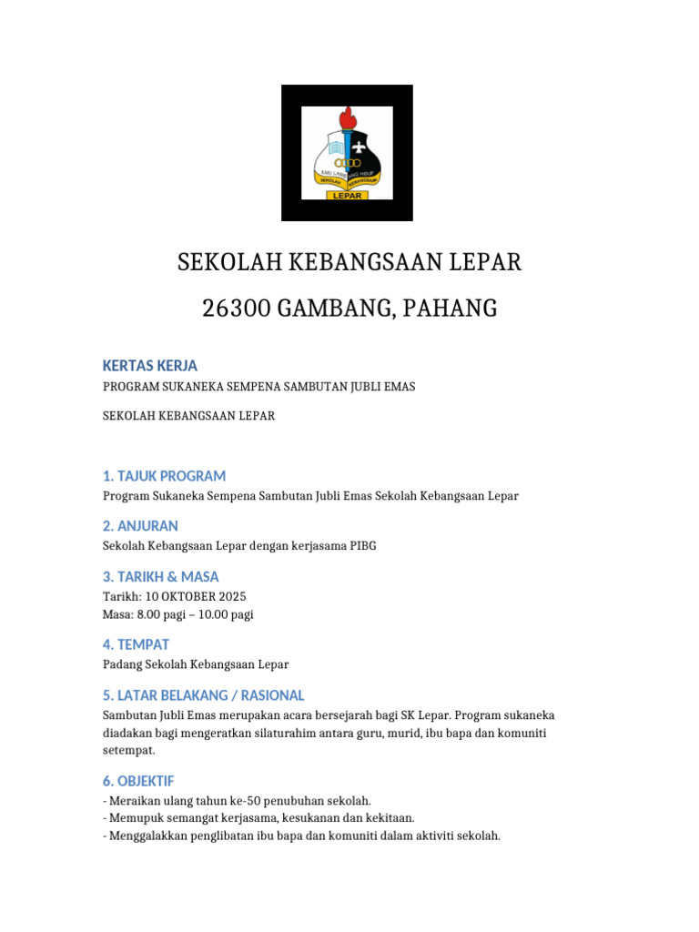 Kertas Kerja Sukaneka Jubli Emas SK Lepar Lengkap | PDF