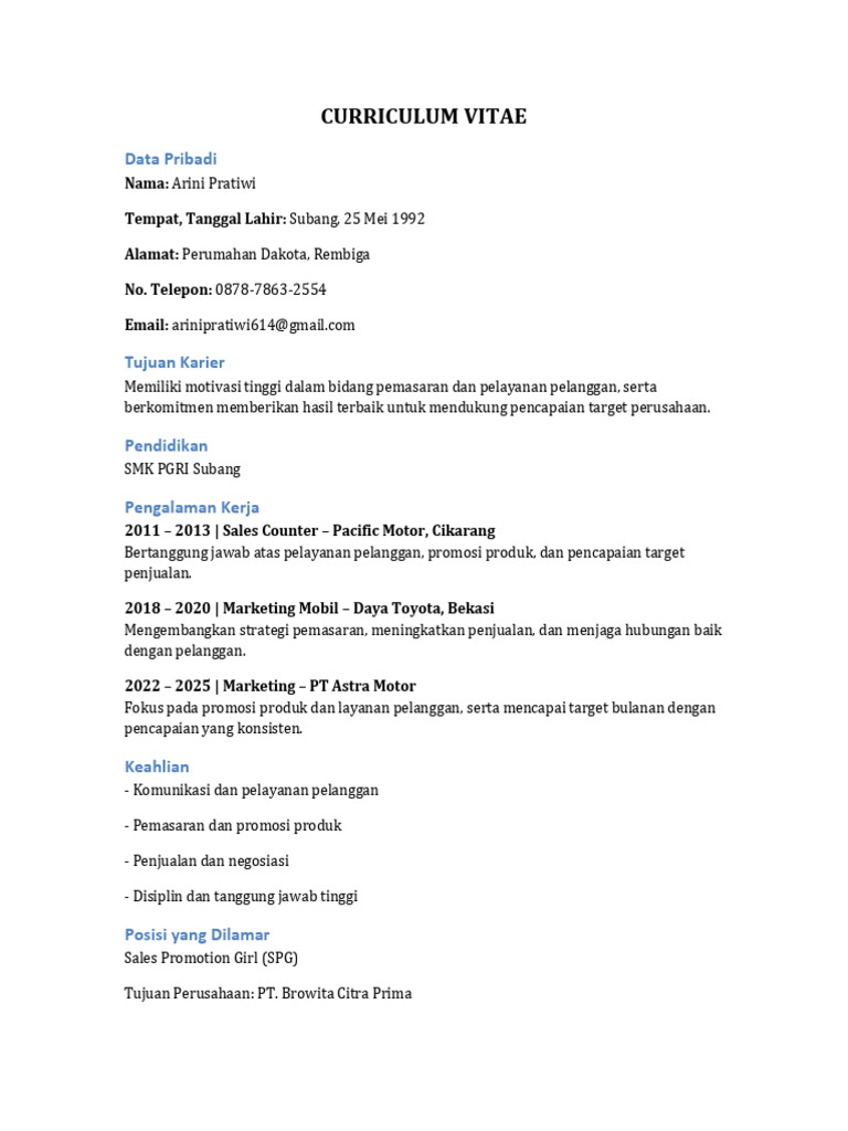 CV Arini Pratiwi | PDF