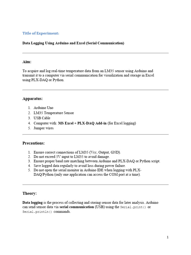 Expt No 06 Data Logging Using Arduino and Excel (Serial Communication) | PDF | Arduino ...