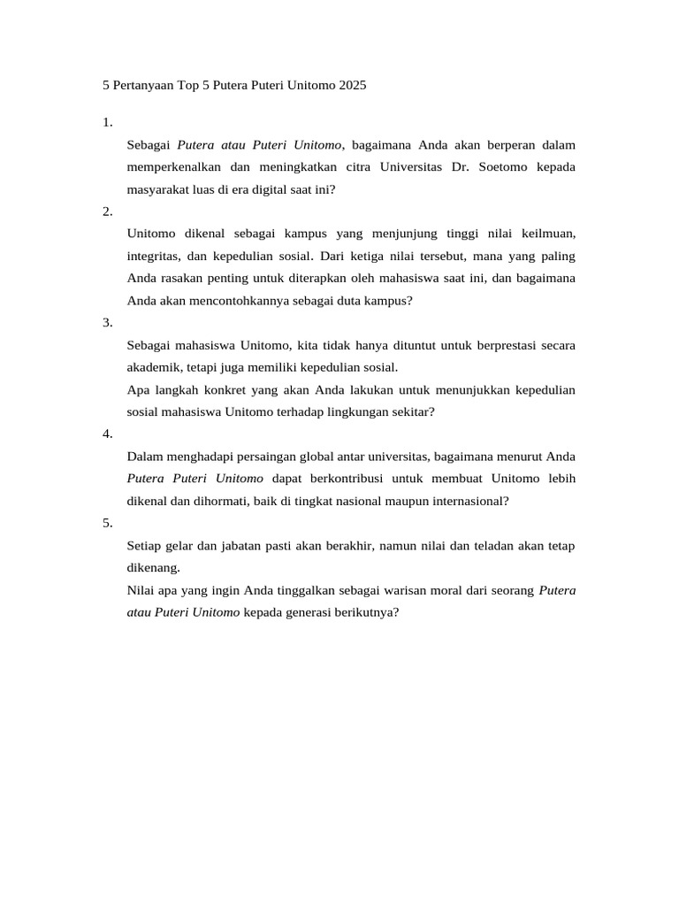 Pertanyaan Utama Putera Puteri Unitomo 2025 | PDF