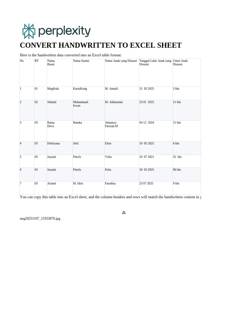 Convert Handwritten to Excel Sheet | PDF
