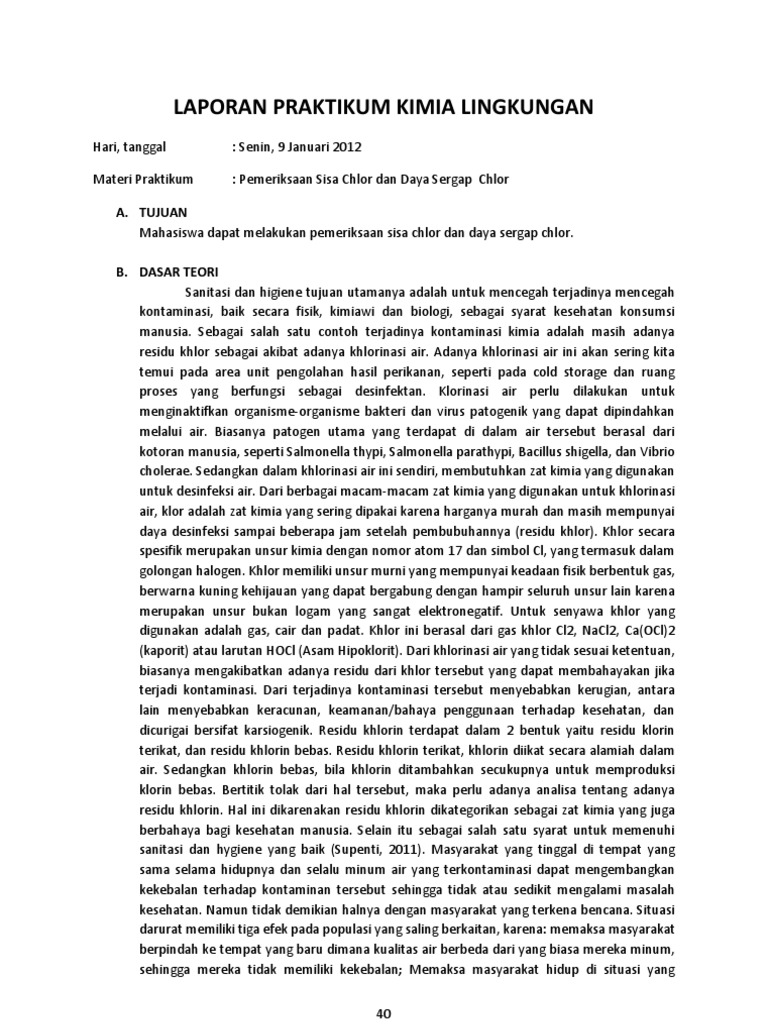Laporan Praktikum Kimia Sisa Chlor Dan Daya Sergap Chlor | PDF | Kesehatan Holistik | Sains ...