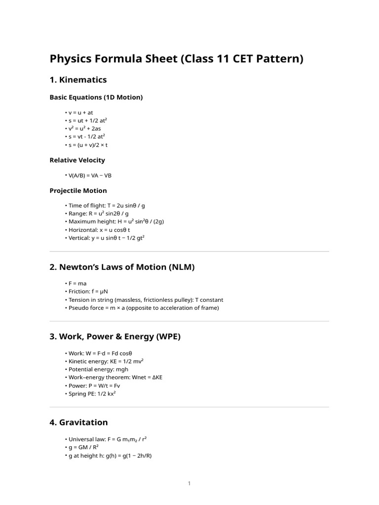 Physics Formula Sheet | PDF | Force | Applied And Interdisciplinary Physics