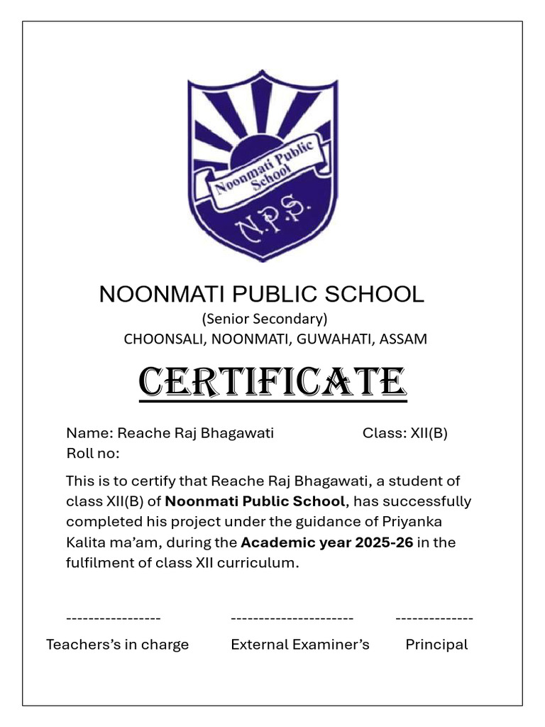 Noonmati School Project Certificate | PDF