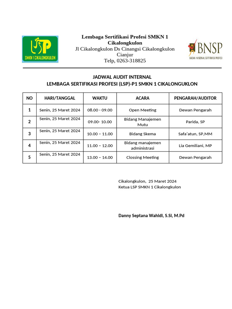 Jadwal Audit Internal LSP SMKN 1 Cikalongkulon | PDF