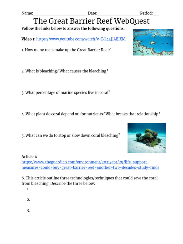 The Great Barrier Reef and Coral Bleaching WebQuest | PDF