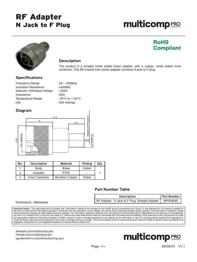 RF Adapter N-Jack To F-Plug | PDF | Coaxial Cable | Electromagnetism