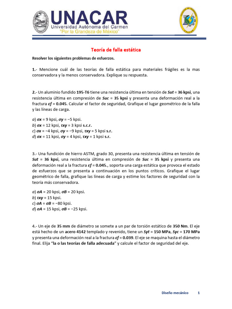 Ejercicios - Teorias de Falla Frágil y Selección | PDF