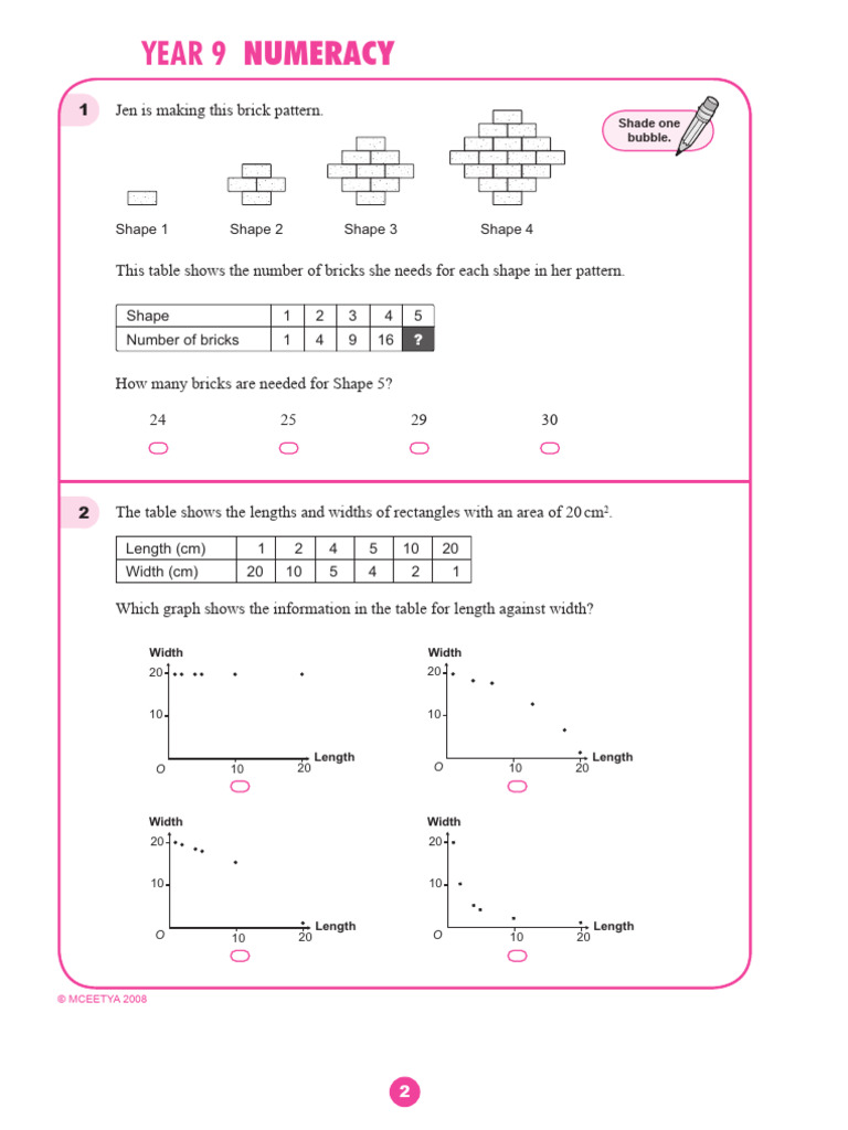 2008 Naplan Year-9 Numeracy-NonCalculator Exam-Paper MCQ | PDF | Length ...
