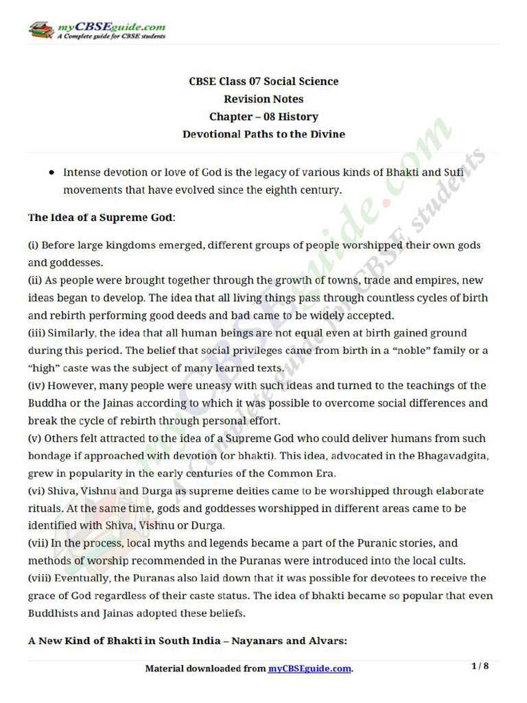 07 Social Science Histroy Key Notes Ch08 Devotional Paths to the Divine ...