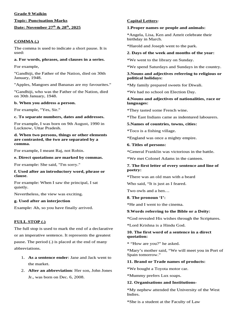 Punctuatiom Marks - Comma, Full Stop and Capital Letters | PDF | Comma ...