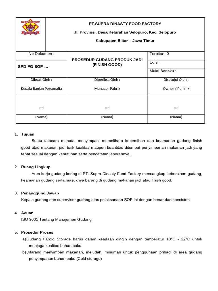 Prosedur Kebersihan Gudang Finish Good | PDF