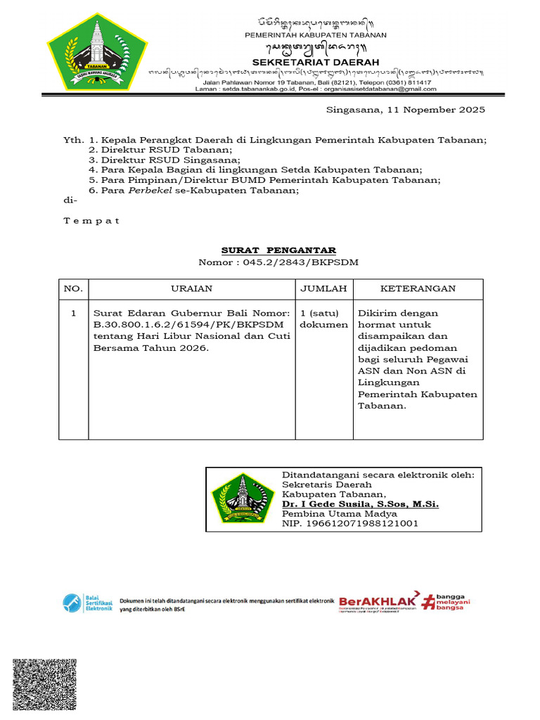 Surat Edaran Libur Nasional 2026 Tabanan | PDF