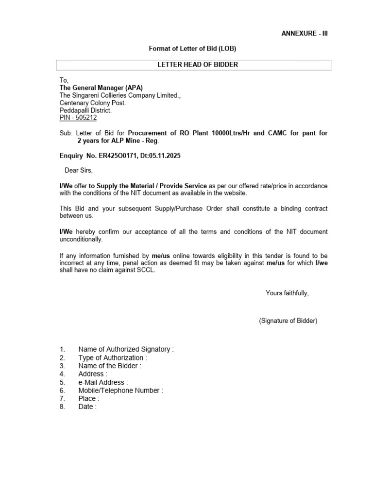 Bid Letter Format for RO Plant Procurement | PDF